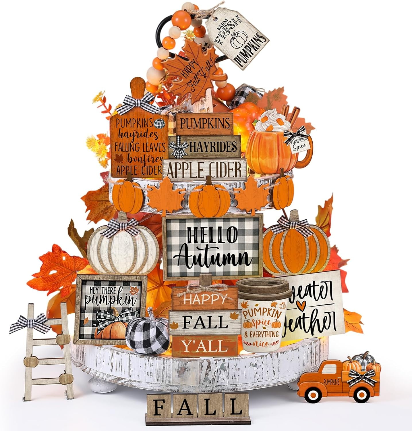 24 Pcs Fall Tiered Tray Decoration Set Thanksgiving Table Sign Pumpkins ...