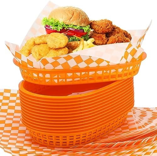 24 Pcs Fast Food Baskets with 100 Deli Liners Halloween Deli Food Baskets 10.5 x 7 Inch Serving ...