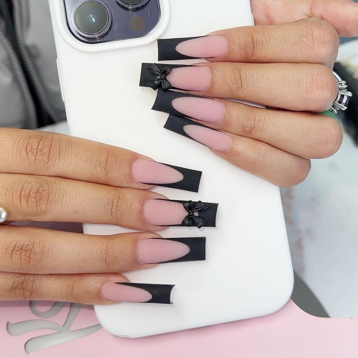 24 Pcs French Tip Press on Nails Black Fake Nails Very Long 3D Bow ...