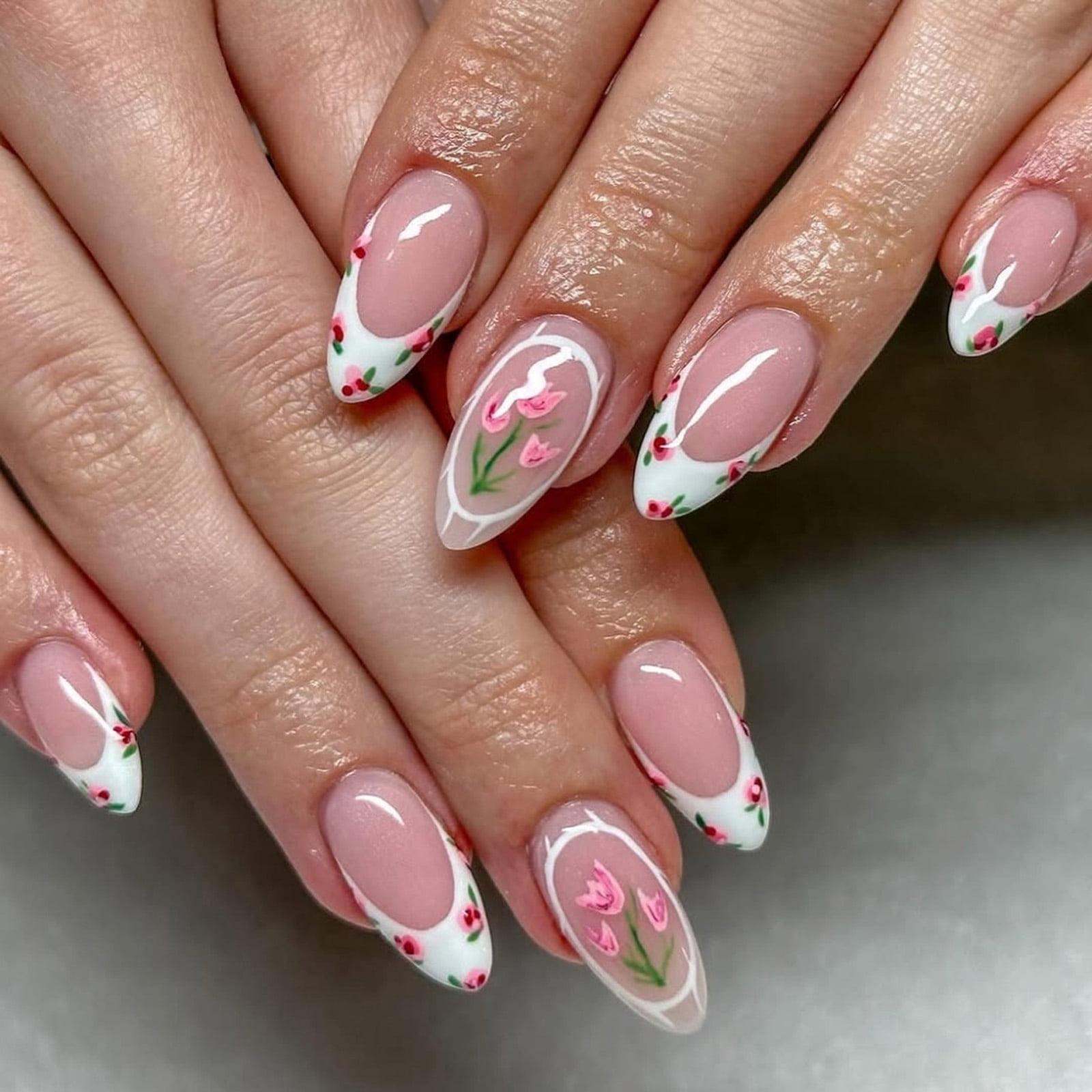 24 Pcs French Tip Press On Nail Almond Shape False Nail Elegant Flowers ...