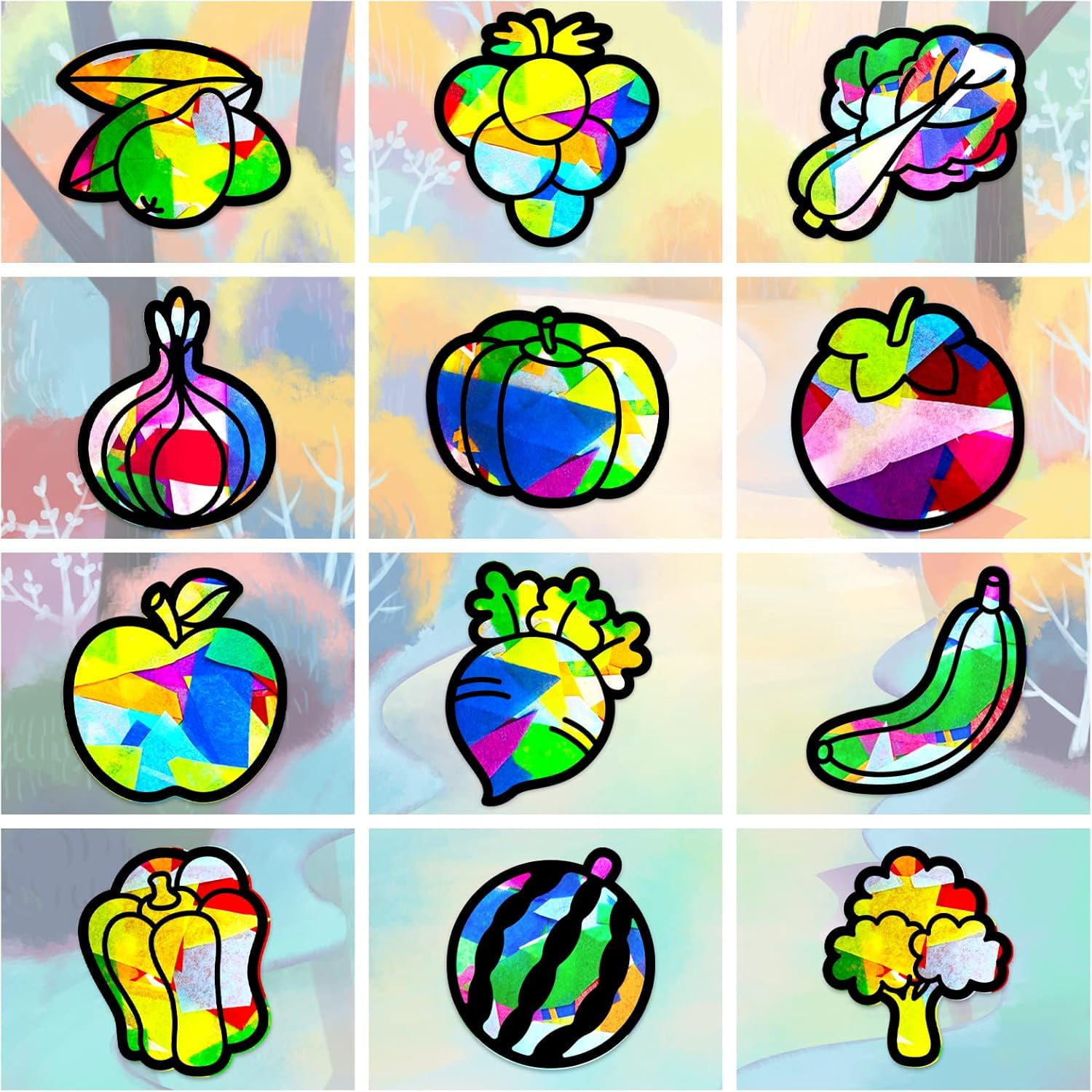 24 Pcs Fruit Stained Glass Effect Paper Suncatchers Vegetables Window ...
