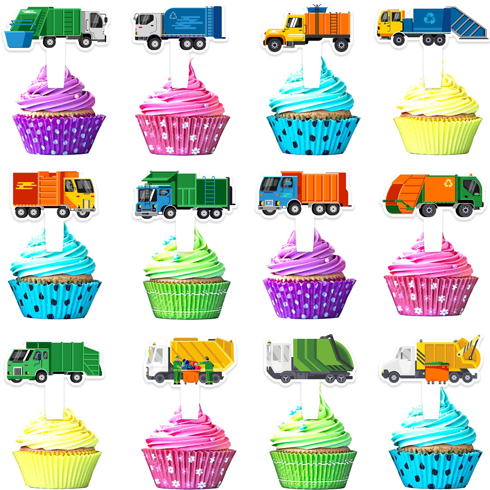 24 Pcs Garbage Truck Cupcake Toppers BSL1 Set Sanitation Birthday ...