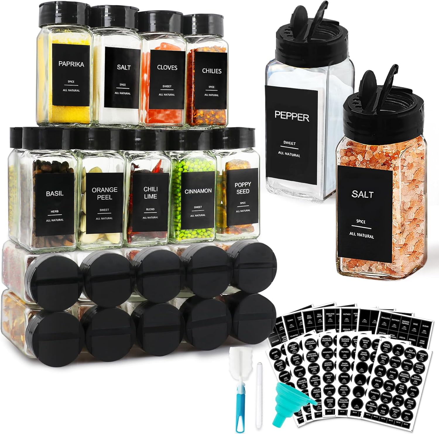 24 Pcs Glass Spice Jars with 398 Labels, 4oz Empty Square Spice ...