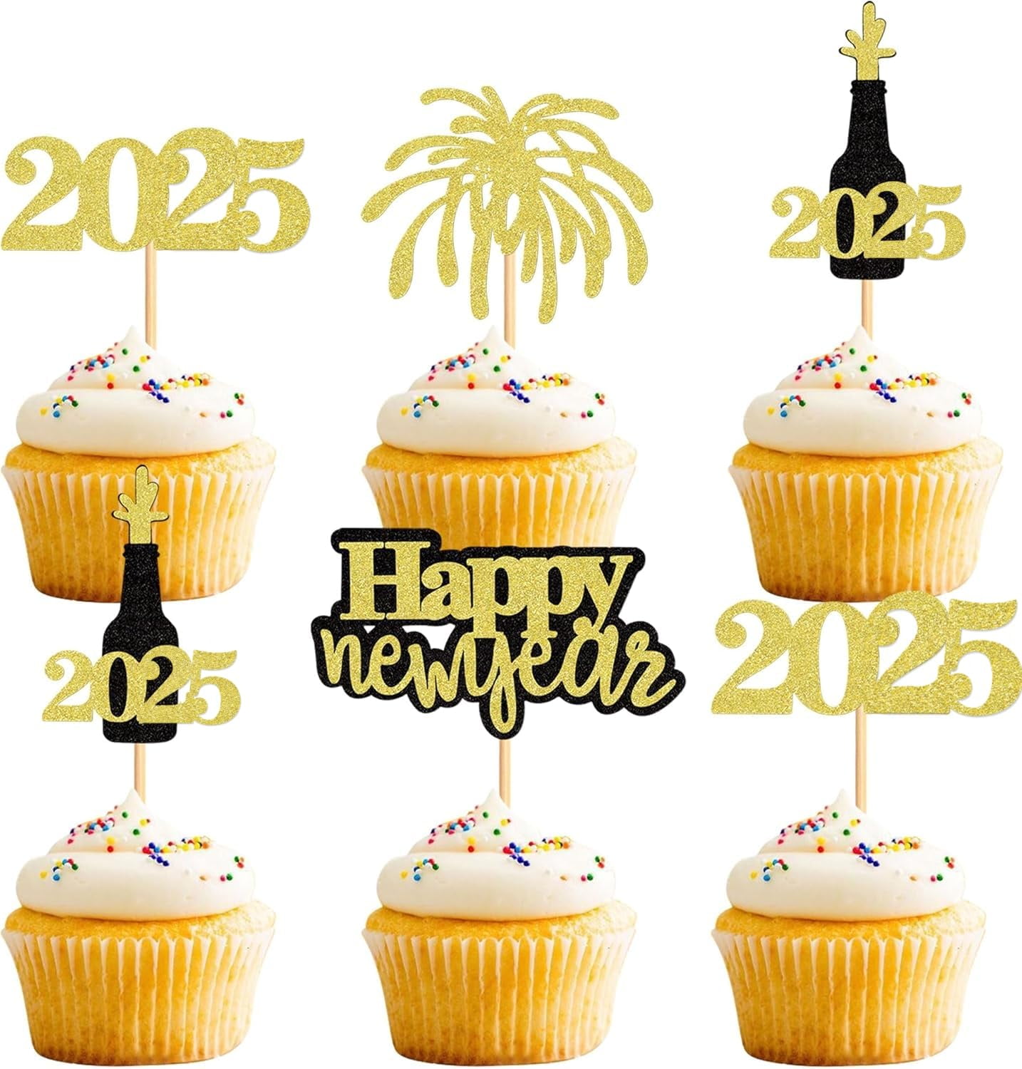 24 Pcs Glitter Happy IFF17 New Year Cupcake Toppers 2025 Gold Black ...