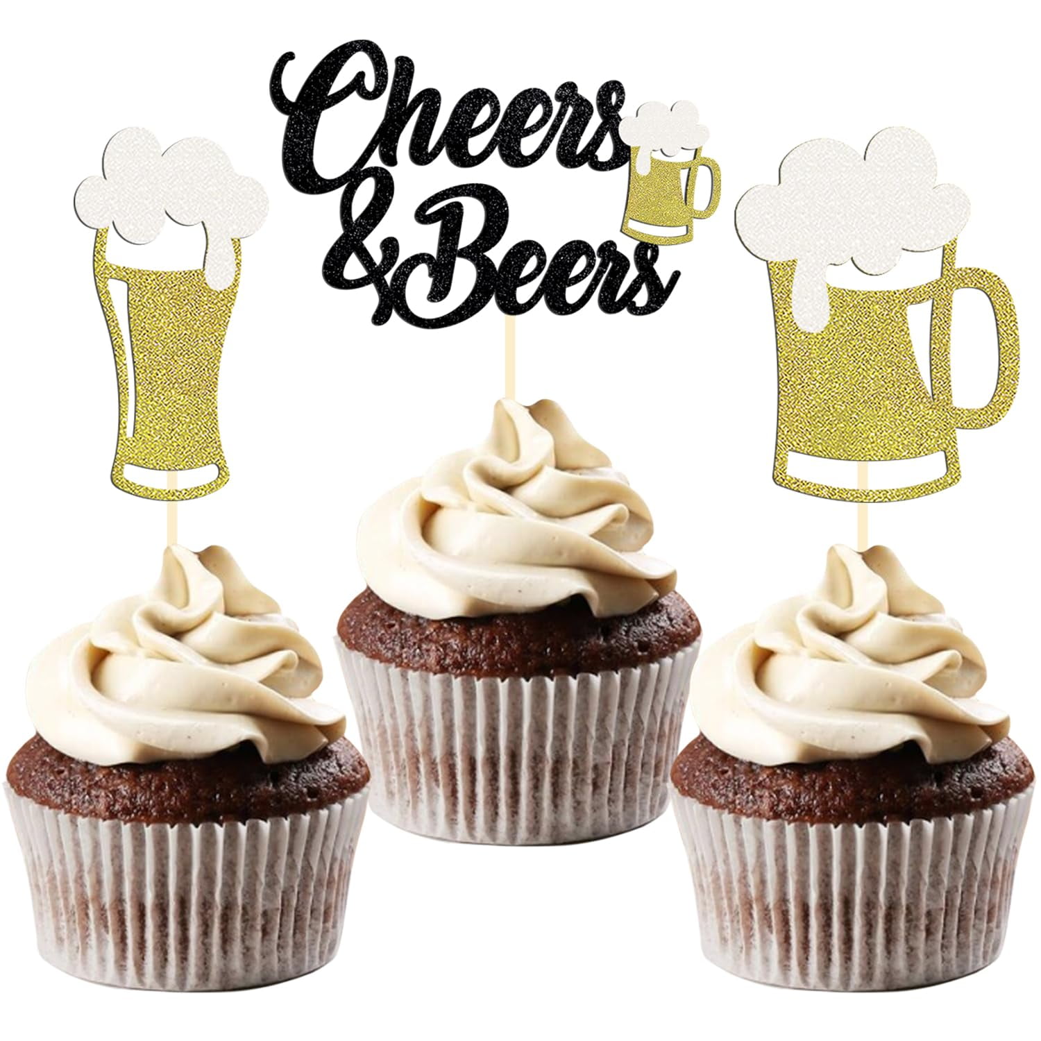 24 Pcs GlitterITSC Cheers and Beers Cupcake Toppers Glitter Beer Mug ...
