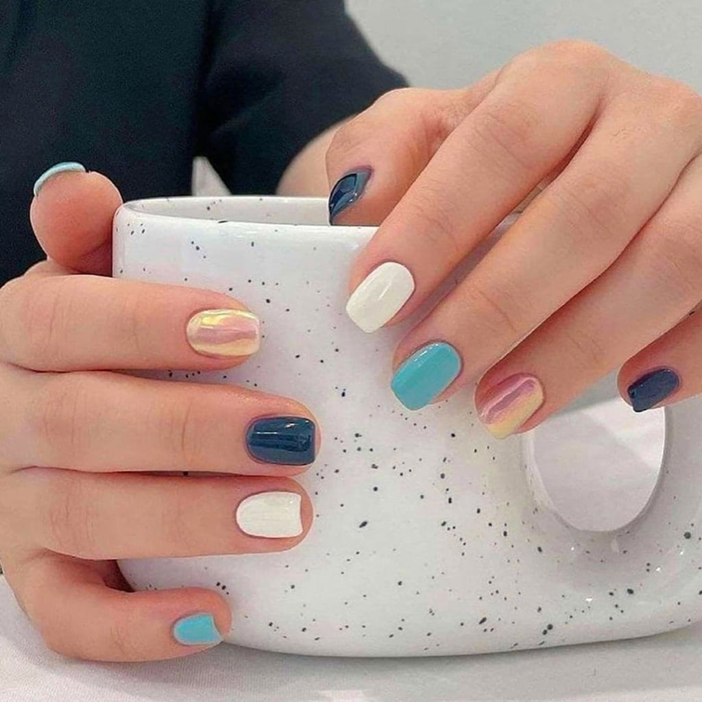 24 Pcs Glossy False Nail Cats Eye Artificial Acrylic Nail Short Press ...