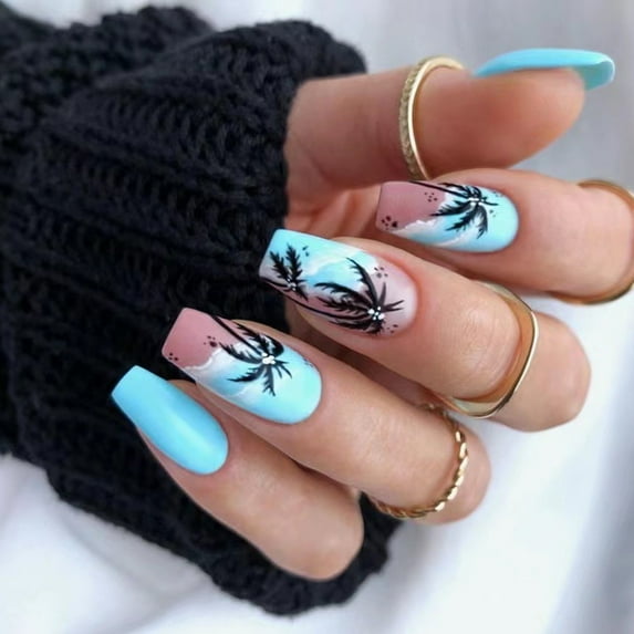 24 Pcs Glossy Full Covers False Nails Long Coconut Tree on Nails ...