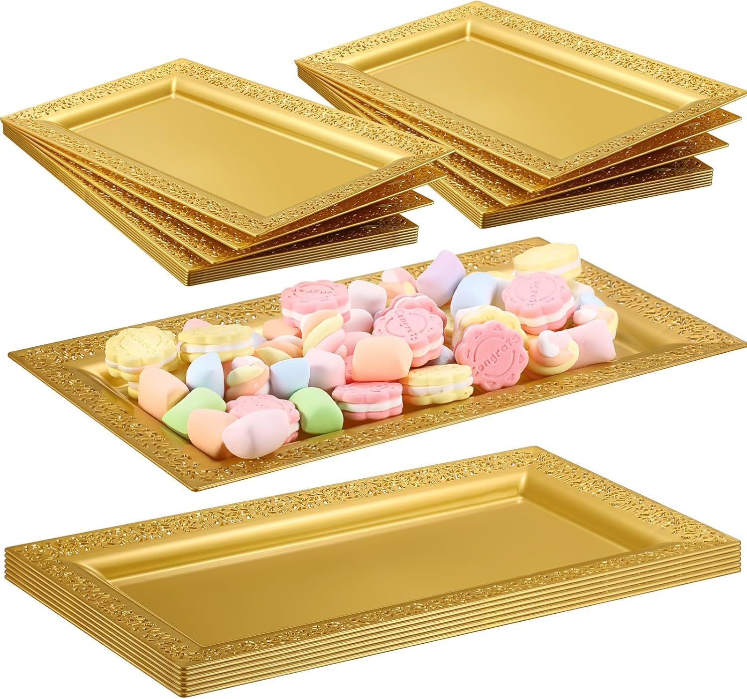 24 Pcs Gold Plastic Serving Tray Platter Set 14 x 7.5 Inches Gold Lace ...