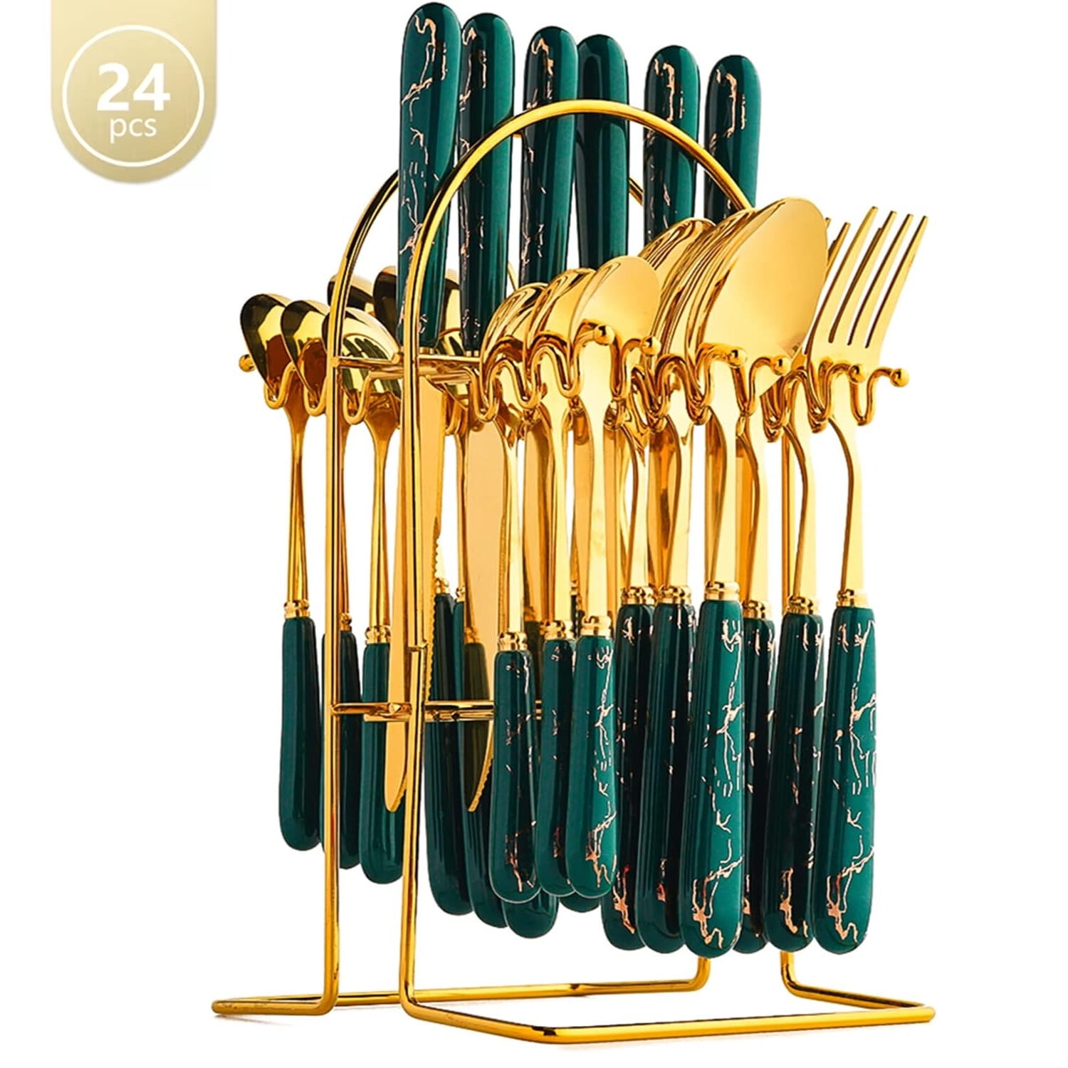 24 Pcs Gold Silverware Set with Hanging Holder - Stainless Steel ...