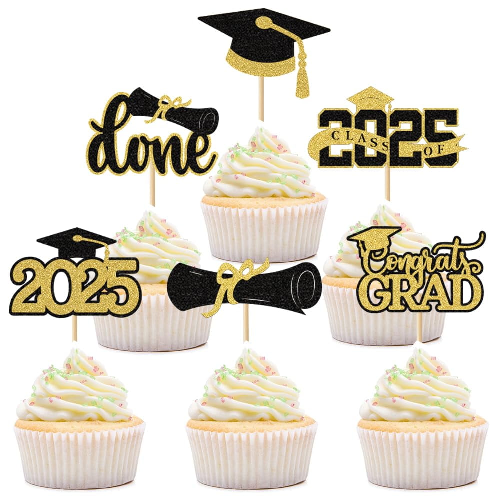 24 Pcs Graduation Cupcake SSF20 Toppers 2025, Gold Glitter Grad Cupcake ...