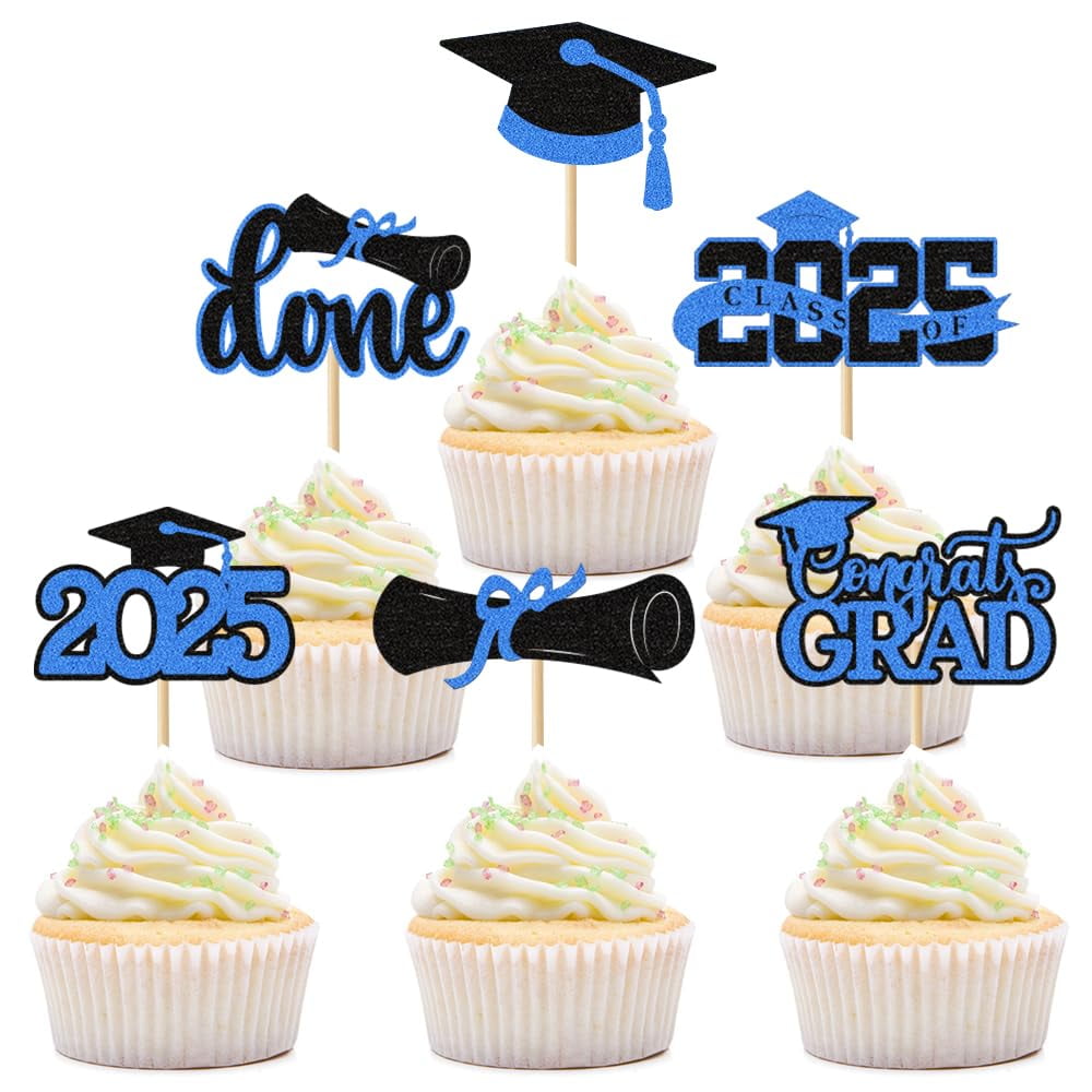24 Pcs Graduation Cupcake Toppers 2025, Blue KMC2Glitter Grad Cupcake ...