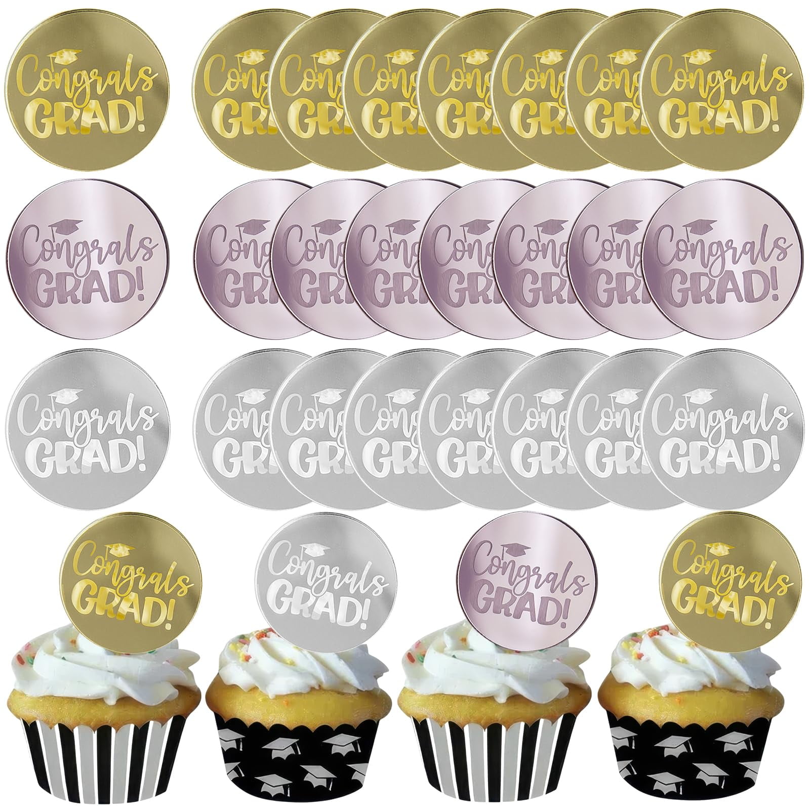 24 Pcs Graduation Cupcake Toppers Congrats TVS1 Grad Acrylic Disc ...