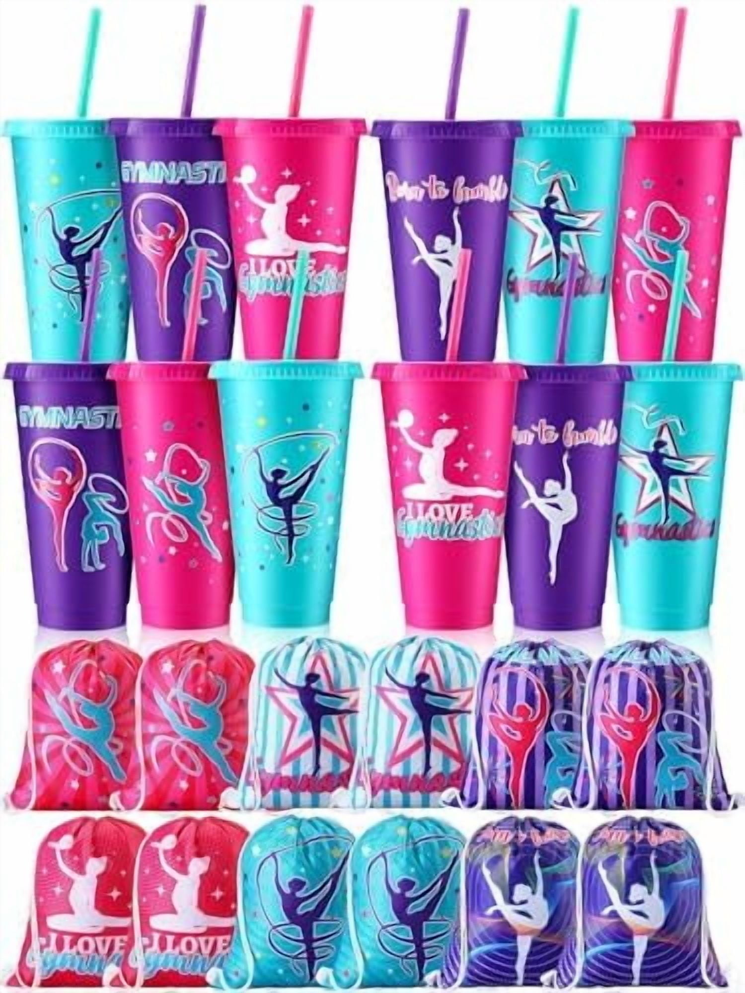 24 Pcs Gymnastics Party Favor, 12 Pcs 24oz Plastic Cups with Lids and ...