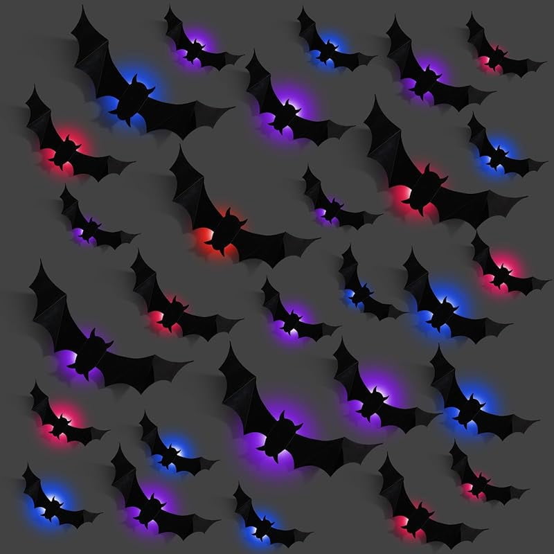 24 Pcs Halloween Bats Decorations - 3D Bat Wall Decor Lights 10 Styles ...