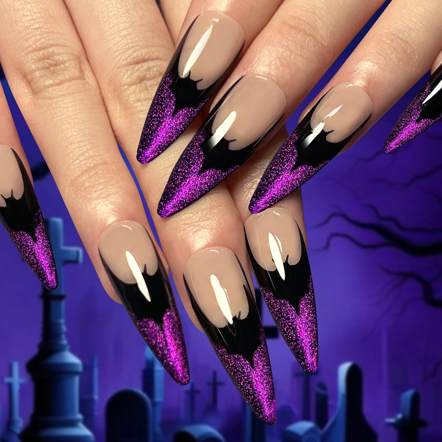 24 Pcs Halloween Nails Stiletto Press on Nails Long Almond Fake Nails ...