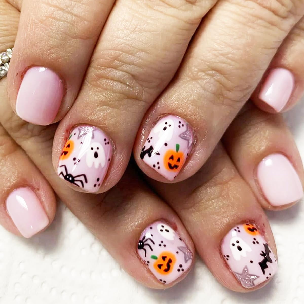 24 Pcs Halloween Press on Nails Short Square - Fake Nails Pink French ...