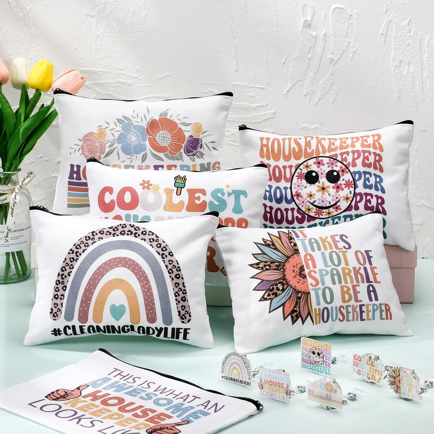 24 Pcs Housekeeping Week Gifts Boho Makeup Bag Set with Badge Reels for ...