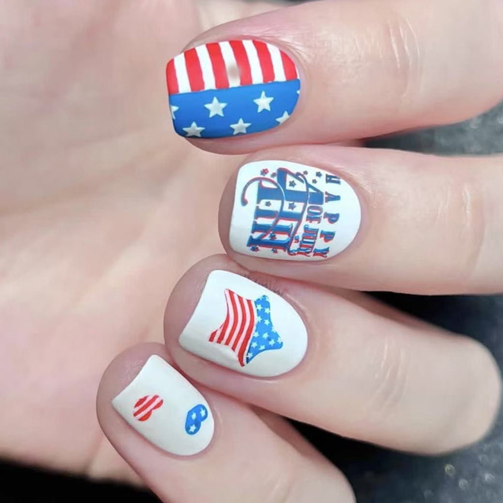 24 Pcs Independence Day Artificial Nails Short False Nails 4th of July ...