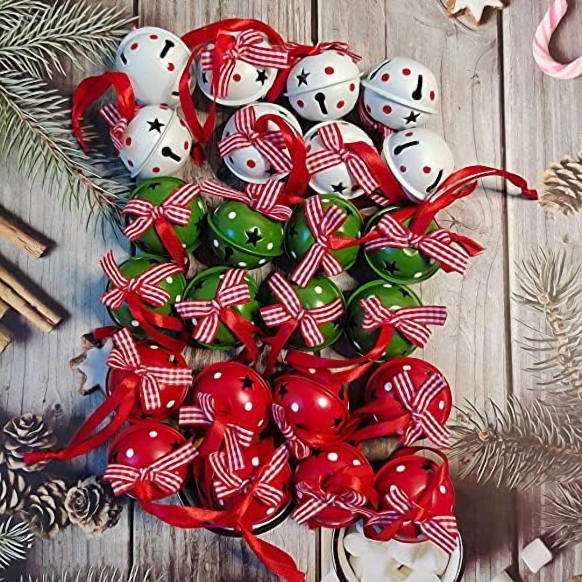 24 Pcs Jingle Bells in Red, White, Green - Star Cutout Metal Bells for ...