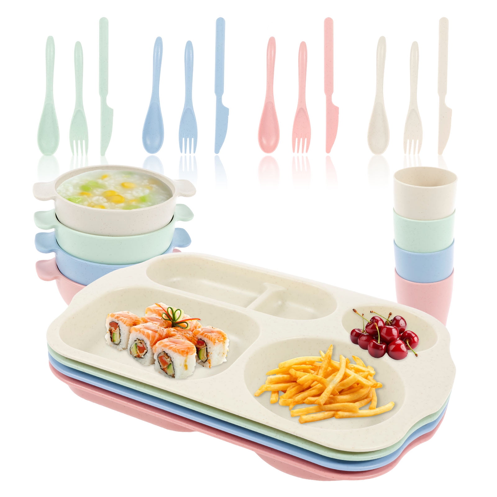 24 Pcs Kids Plates and Bowls Sets Stackable Dinnerware Cutlery Set ...