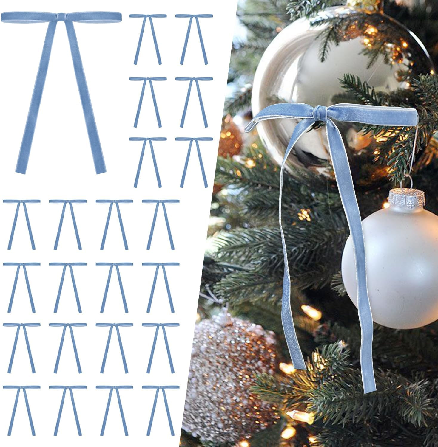 24 Pcs Light Blue Velvet Christmas Tree Bows Door Garland Decor Vintage ...