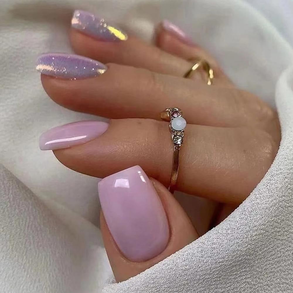 24 Pcs Lotus Pink Press on Nails Short Fake Nails Square Pink Press ons ...