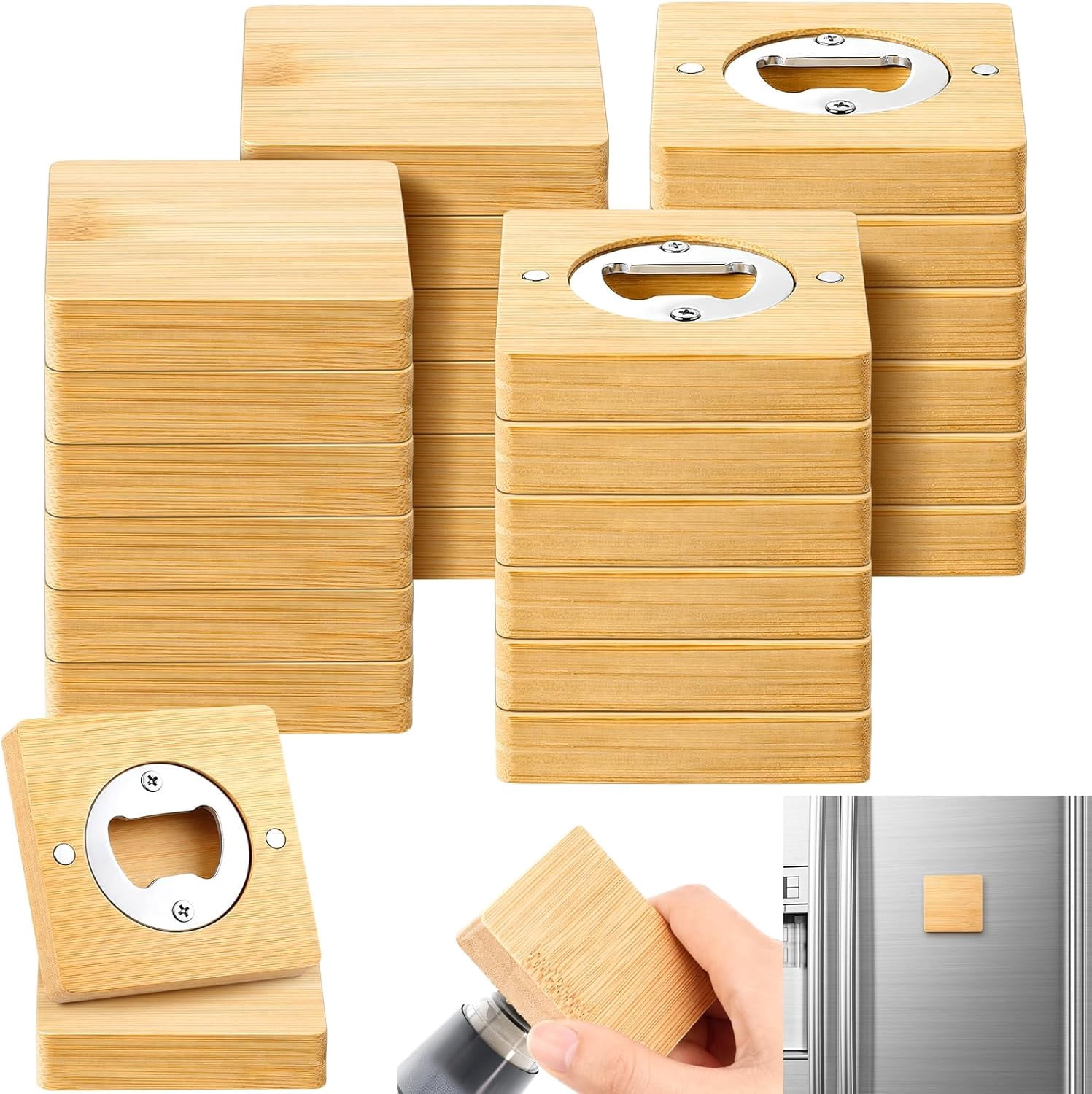 24 Pcs Magnetic Bottle Opener 2.5in DIY Bamboo Square Shape Beer ...