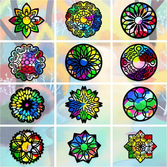 24 Pcs Mandala Stained Glass Effect Paper Suncatchers Buddhism Mandala Window Clings DIY Kit ...