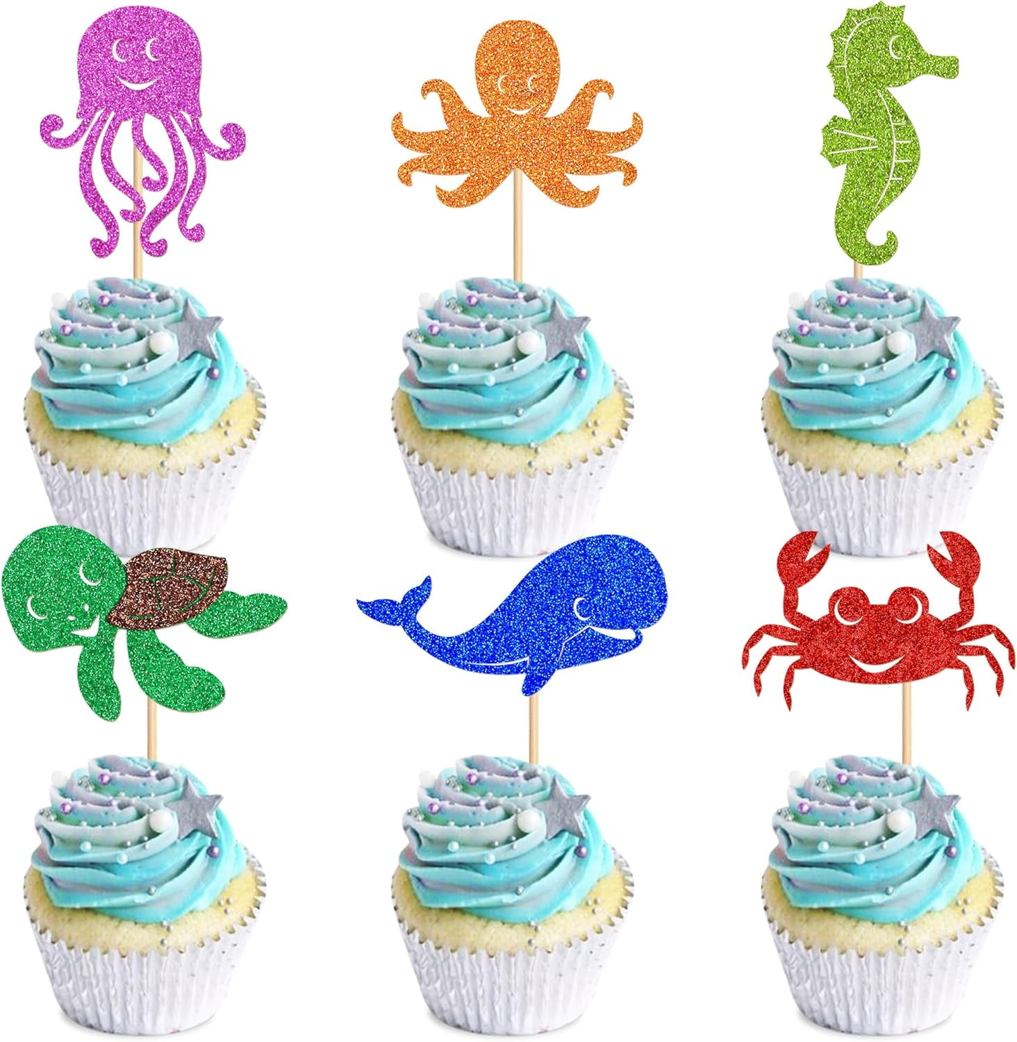 24 Pcs Marine animals Cupcake Toppers Picks Octopus Whale Sea Turtle ...
