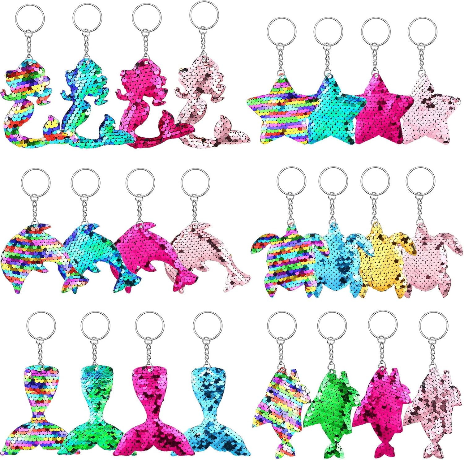 24 Pcs Mermaid Sequin Keychains Ocean Theme Kids Keyrings Tropical ...