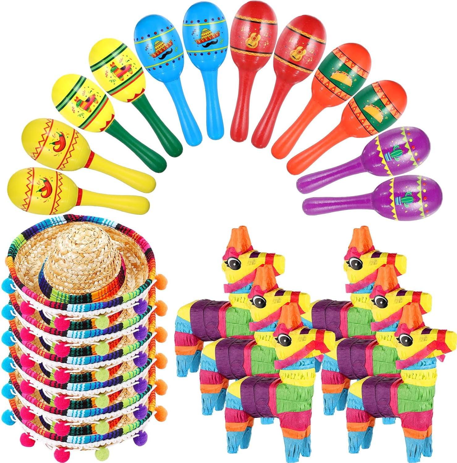 24 Pcs Mexican Fiesta Decorations Includes Mini Donkey Pinata Wooden Fiesta Maracas Mini ...