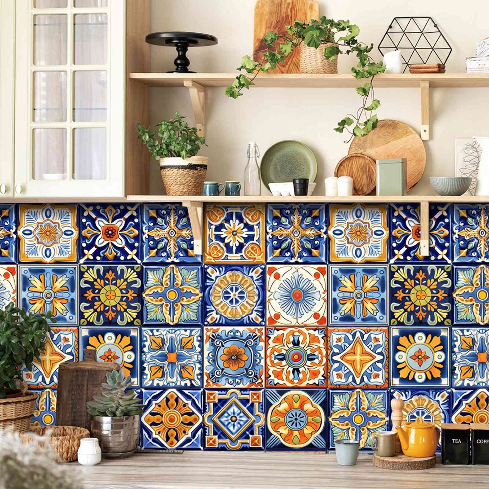 24 Pcs Moroccan Style Tile Sticker, 6x6 Inch Vintage Tile Wall Decals ...