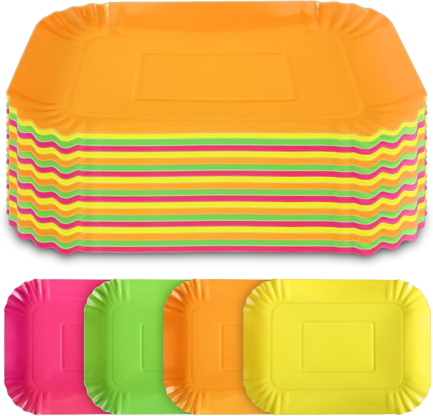 24 Pcs Neon Party Rectangle Paper Platters, 9" x 13" Disposable Serving ...