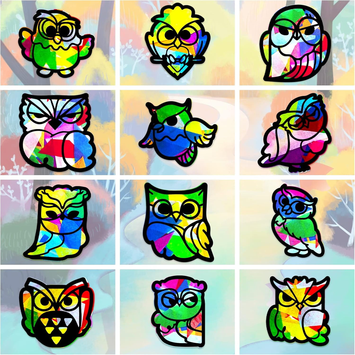 24 Pcs Owl Stained Glass Effect Paper Suncatchers Paper Window Clings ...