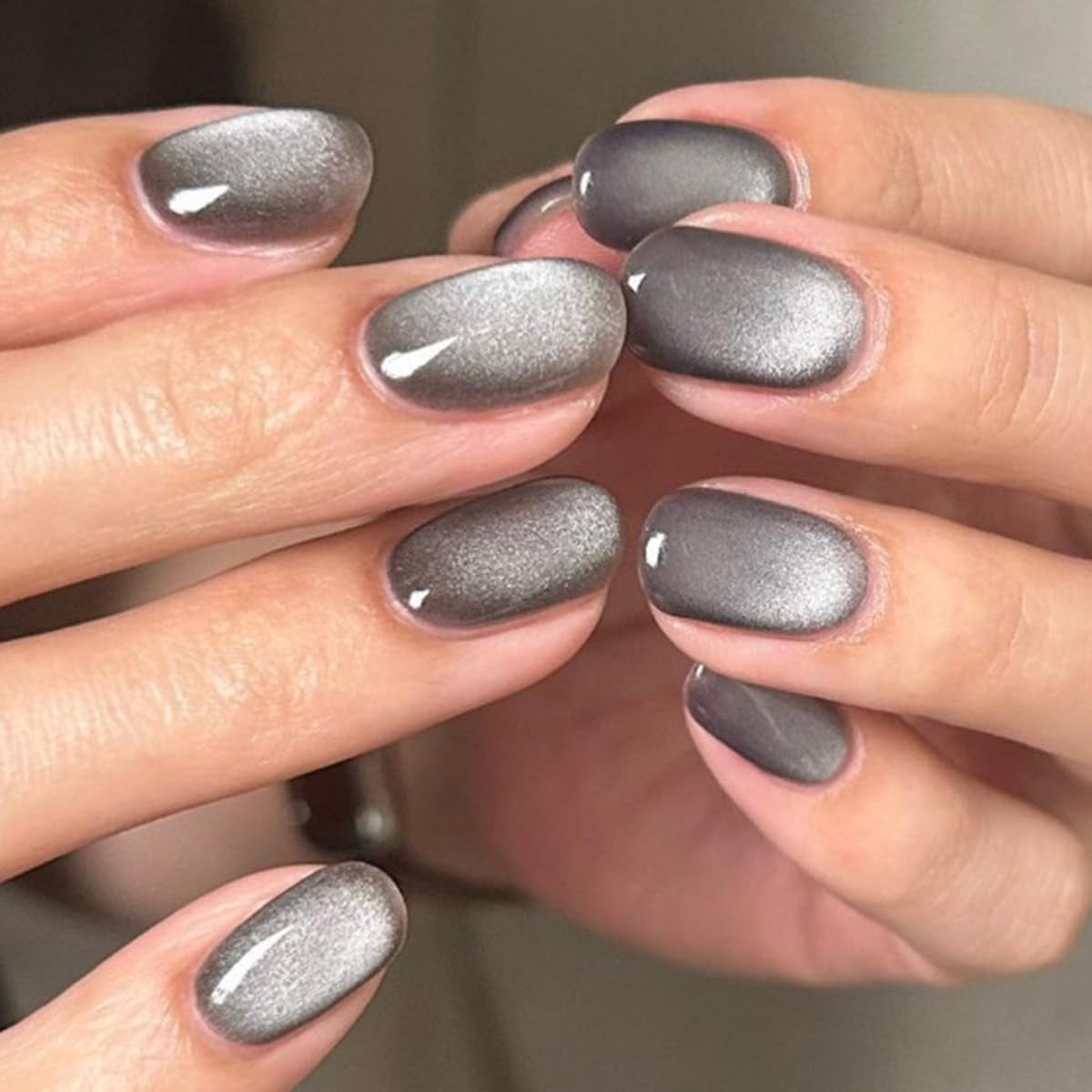 24 Pcs Pewter Gray Press on Nails Short SHANRUN Cute Fake Nails Press ...