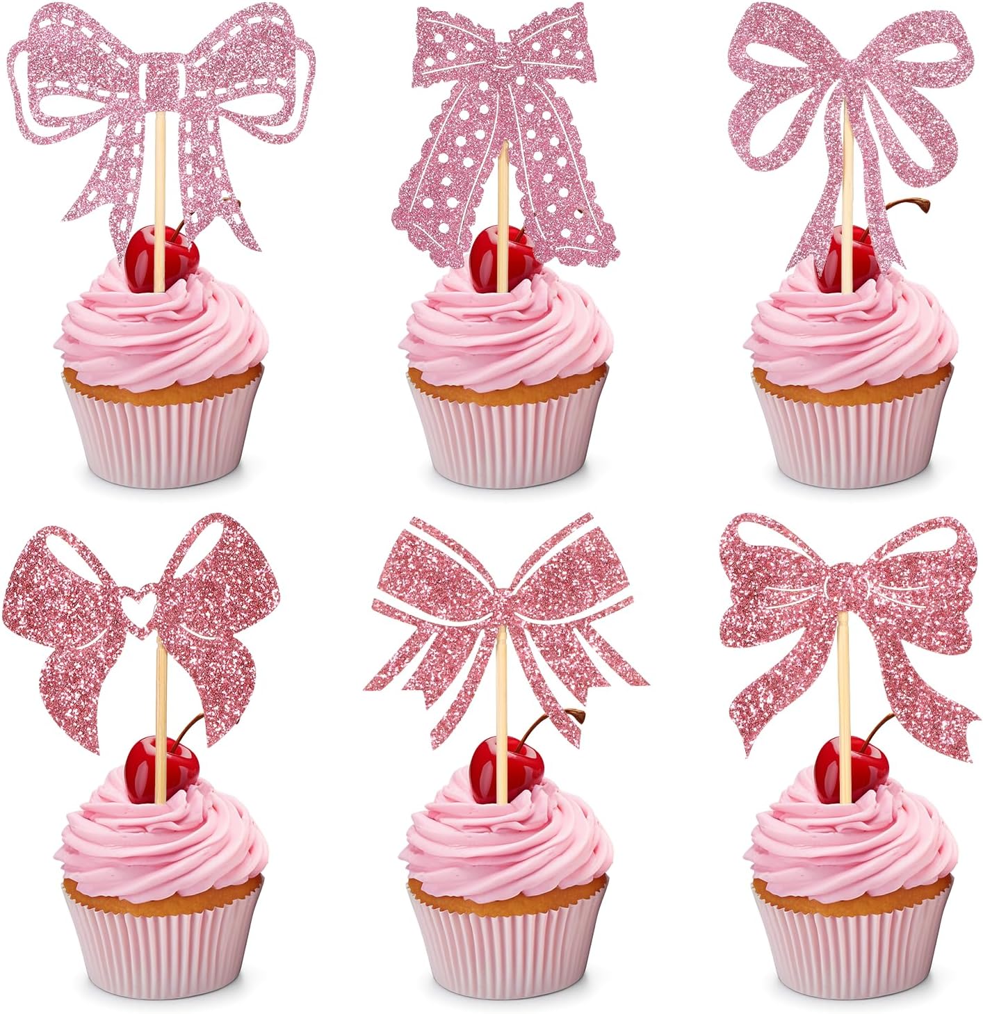 24 Pcs Pink Bow Cupcake Toppers – Glitter Pink Birthday Party ...