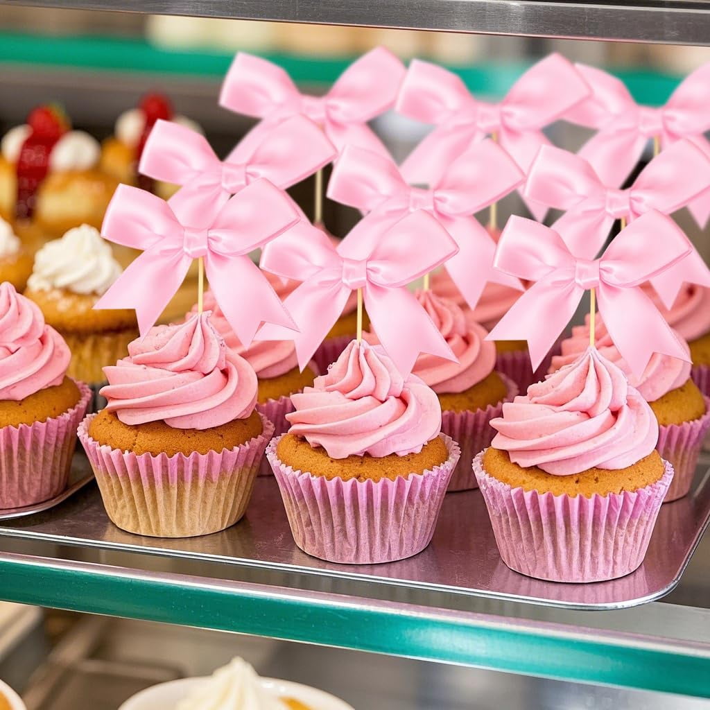 24 Pcs Pink Bow Cupcake Toppers ITL1 Ribbon Bow Topper for Baby Shower ...