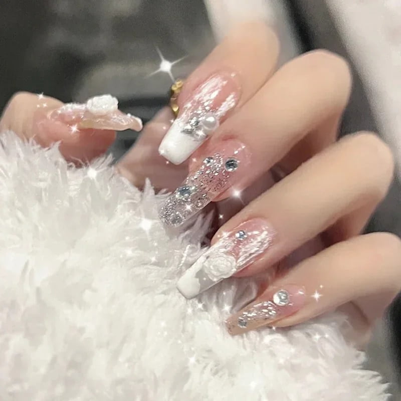 24 Pcs Pink Fake Nails Press on Nail Designs Art Long Tips False Forms ...