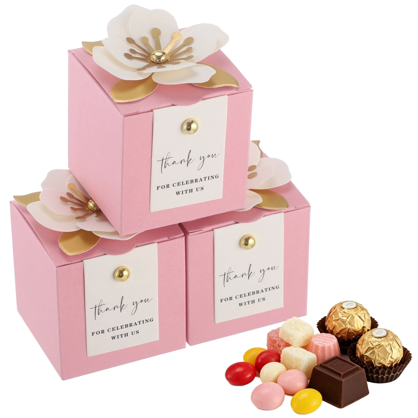 24 Pcs Pink Floral Favor Boxes, 2.56 in Cube Wedding Candy Holders with ...