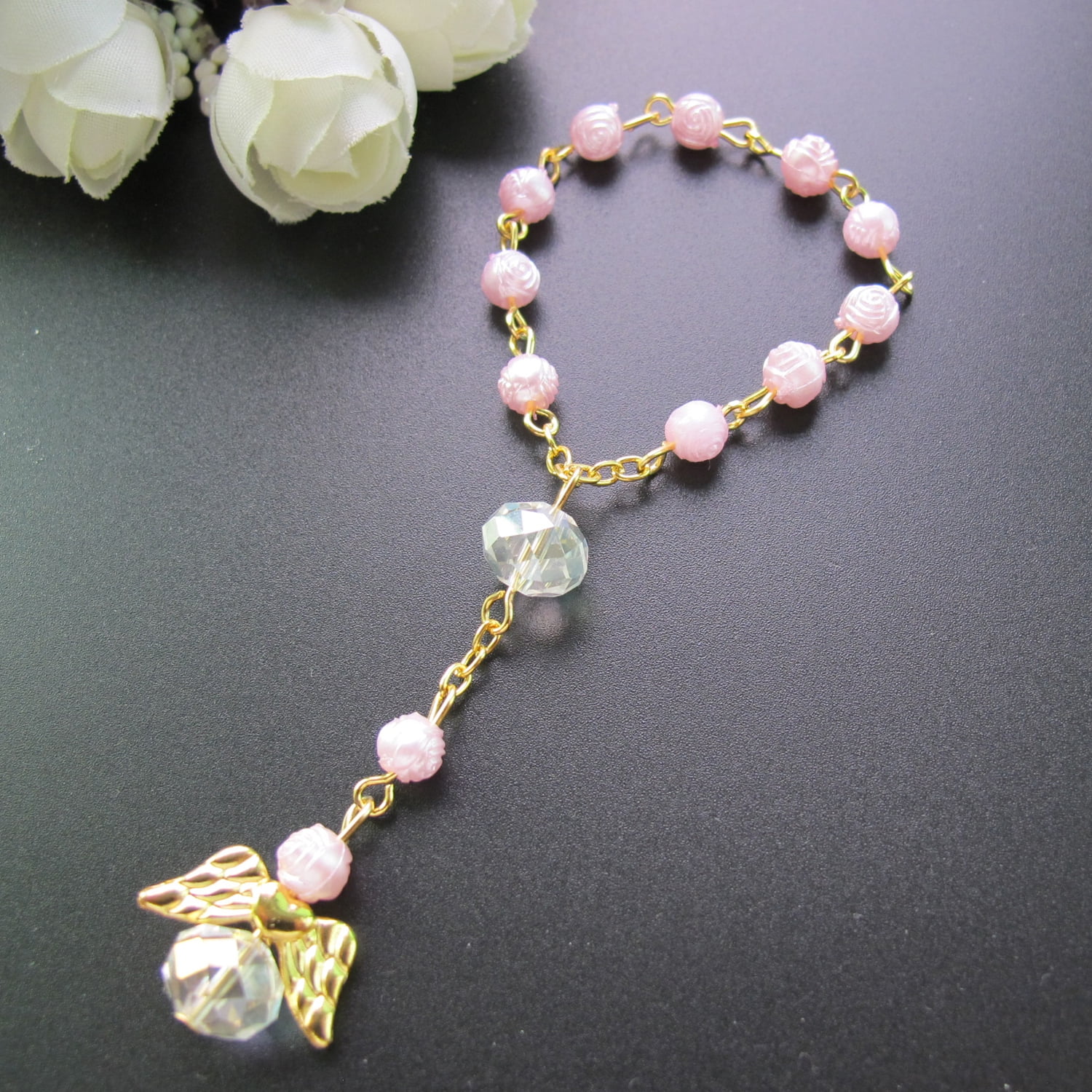 24 Pcs Pink Mini Rosary baptism Favors with Angels for Girl Recuerdos ...