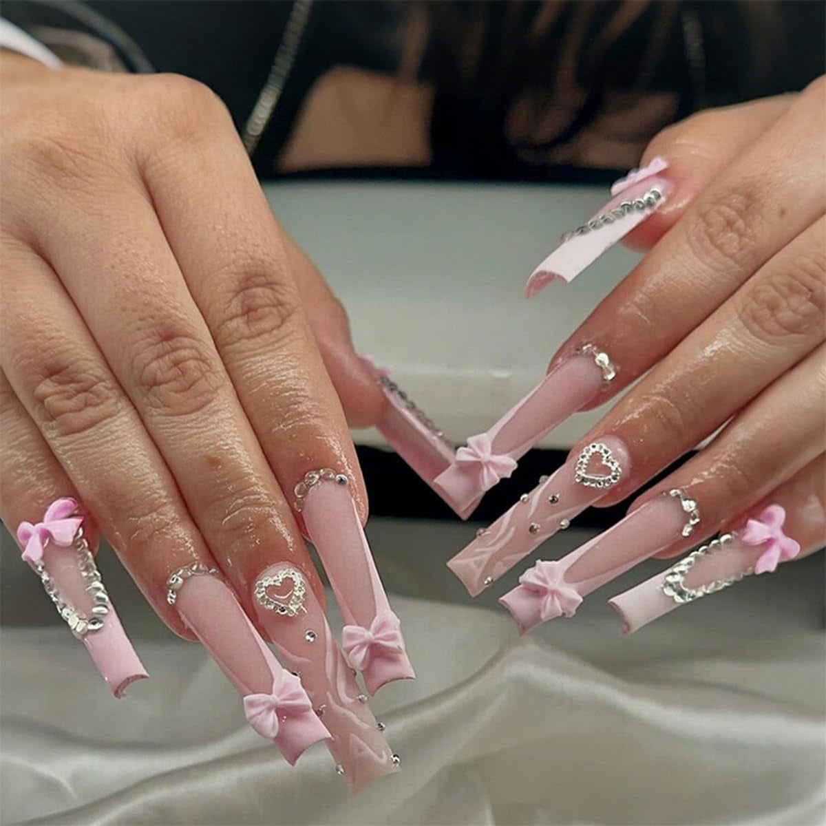 24 Pcs Pink Press MMF7 on Nails Long Square,MINGCHUN Nails Press ons ...