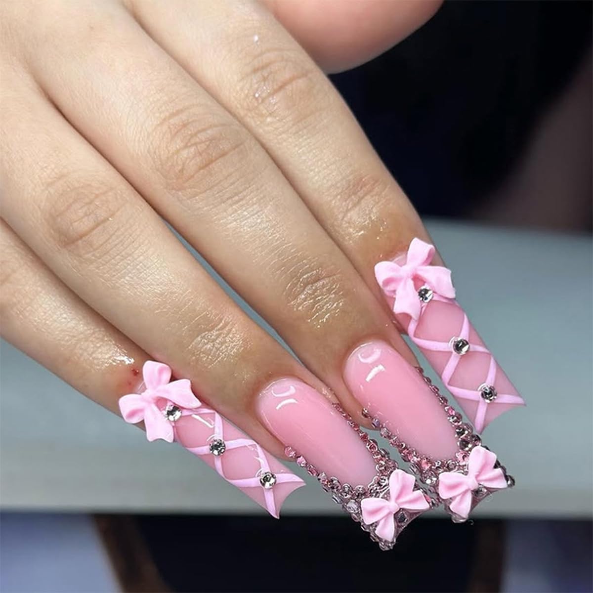 24 Pcs Pink Press MMF7 on Nails Long Square,MINGCHUN Nails Press ons ...