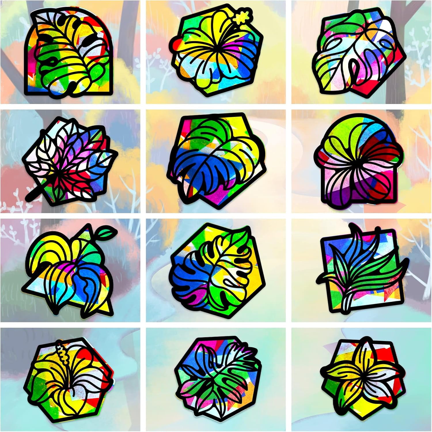 24 Pcs Plants Stained Glass Effect Paper Suncatchers Leaves Flowers ...