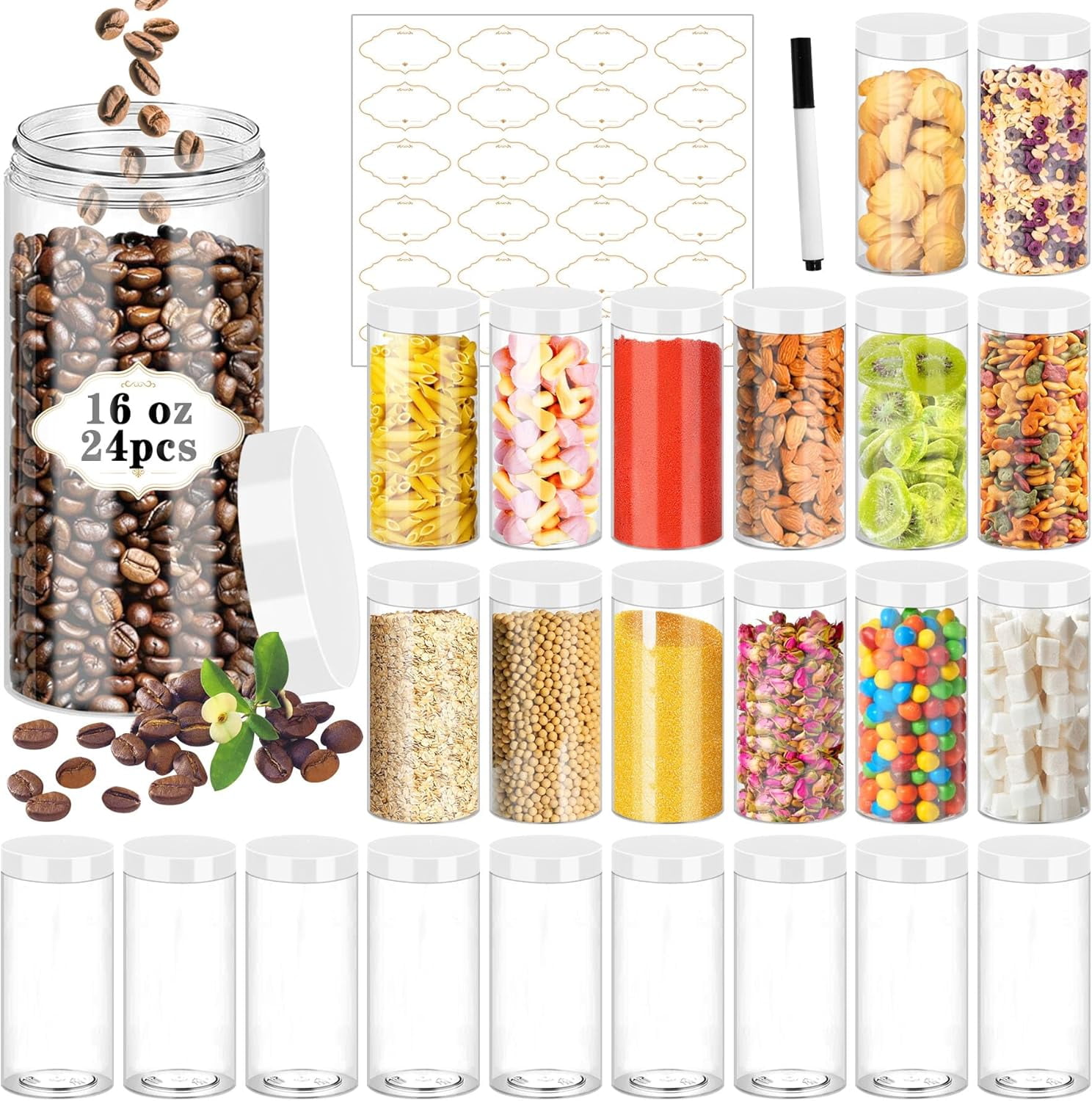 24 Pcs Plastic Jars, 16 OZ Plastic Jars with White Lids Clear Airtight ...