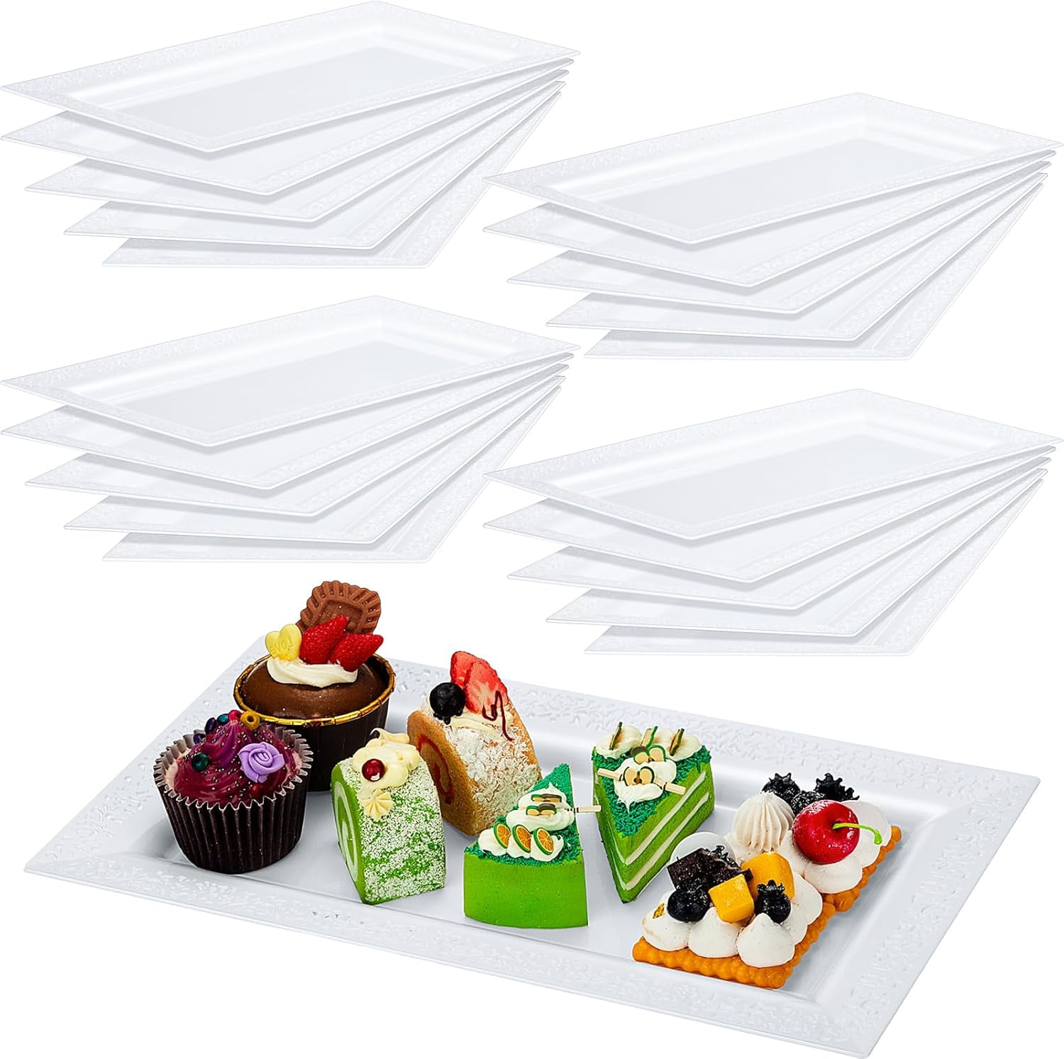 24 Pcs Plastic Serving Tray Platter Set 14 x 7.5 Inches Lace Rim ...
