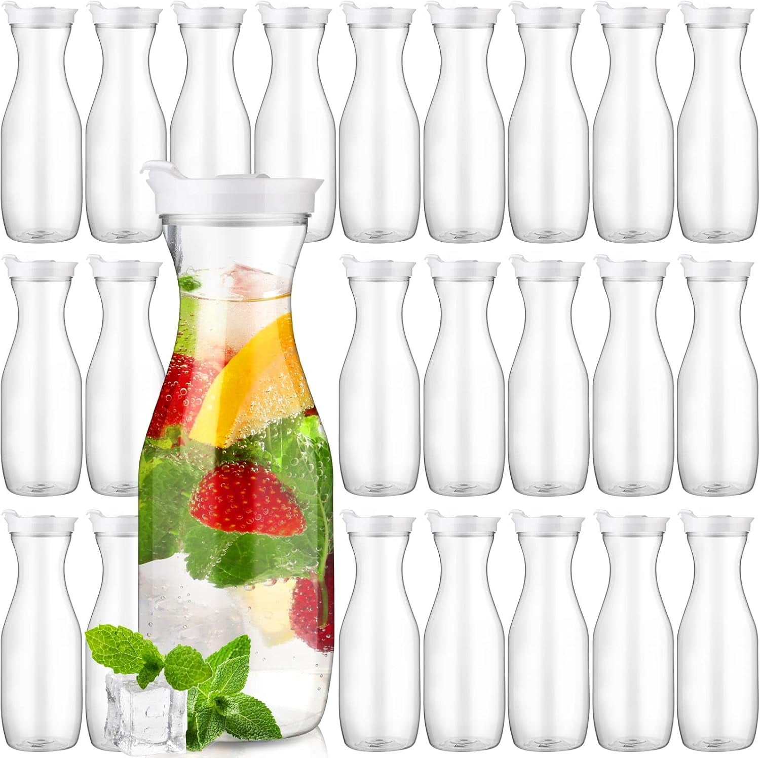 24 Pcs Plastic Water Carafe with Lids 32 oz Clear Juice Pitchers for ...