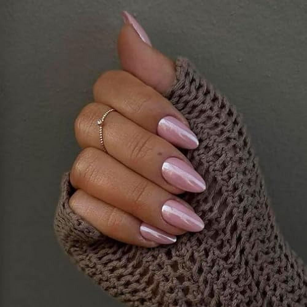 24 Pcs Press On Nails Medium Almond Fake Nails With Glue Chrome Pink