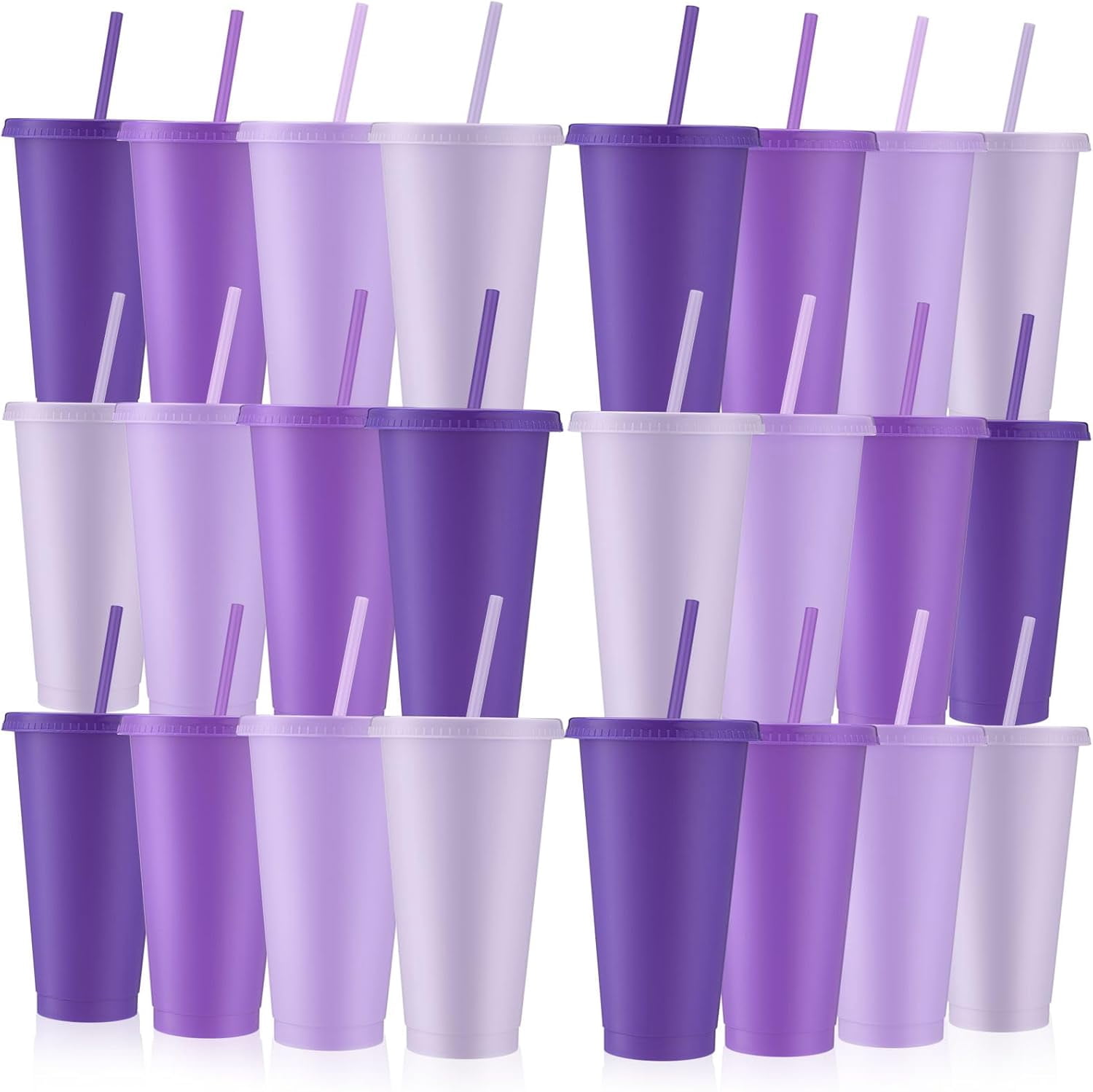 24 Pcs Purple Plastic Cups with Lids and Straws 24 oz Reusable Tumbler ...