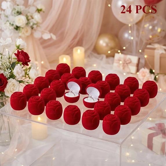 24 Pcs Red Rose Velvet Ring Box,1.57×1.57 Inch Mini Soft Velvet Floral ...