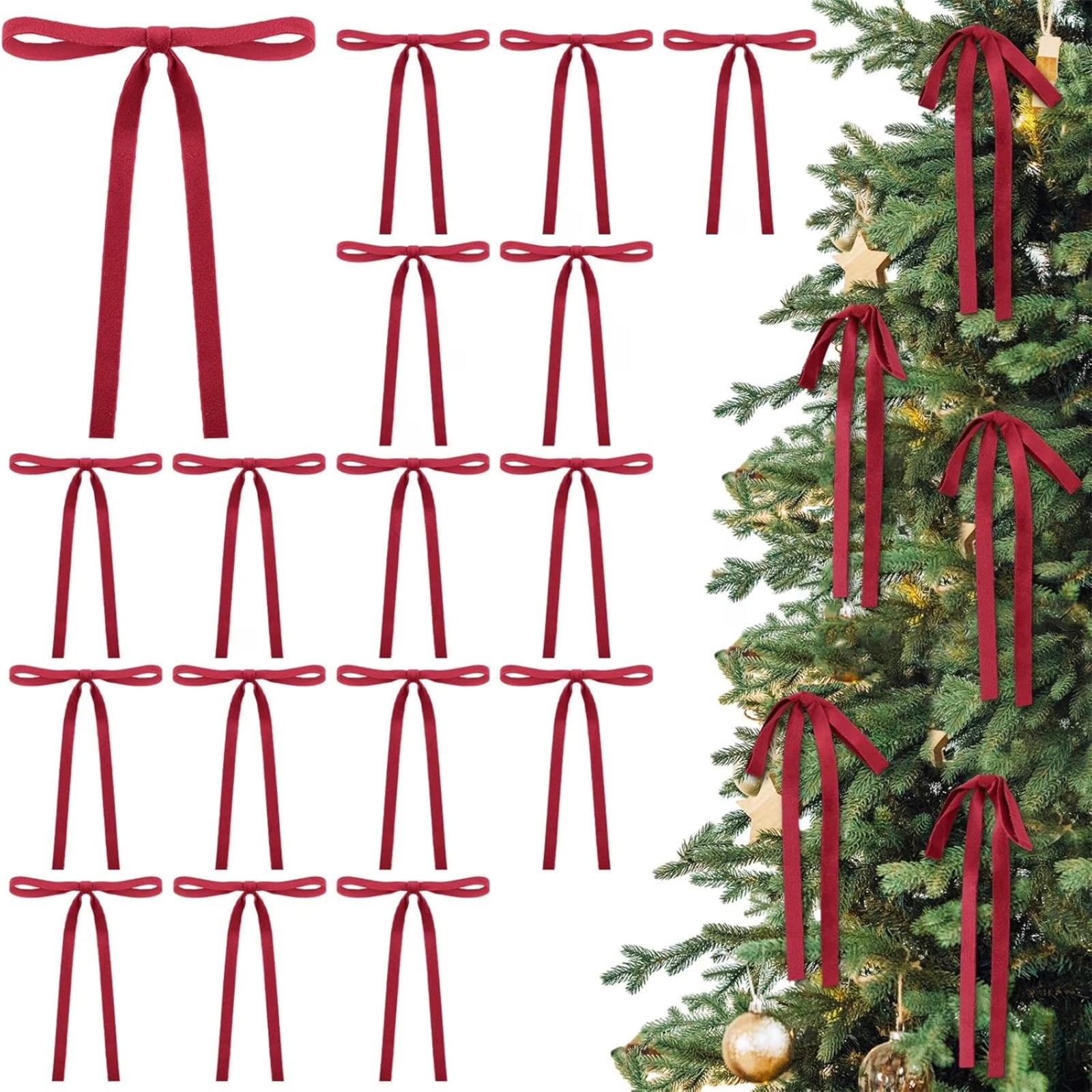 24 Pcs Red Velvet Bows Christmas Tree Ornaments Vintage Double Faced ...